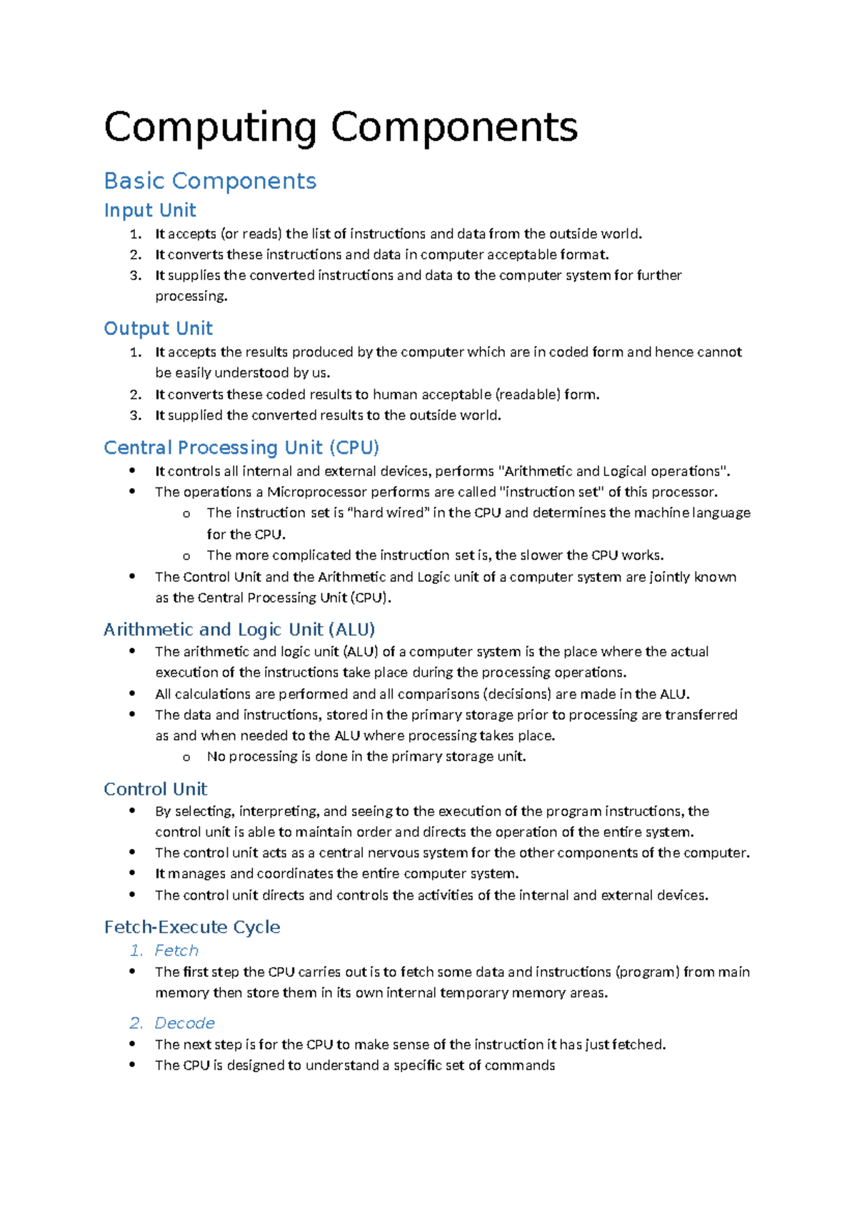 Computing Components - Summary Basic Computer Organisation (BCO) - Computing Components Basic ...