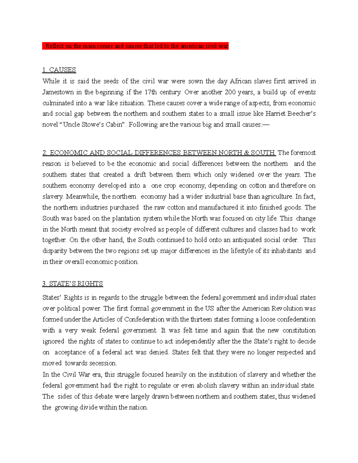 Causes of civil war - Assignment - Reflect on the main issues and ...