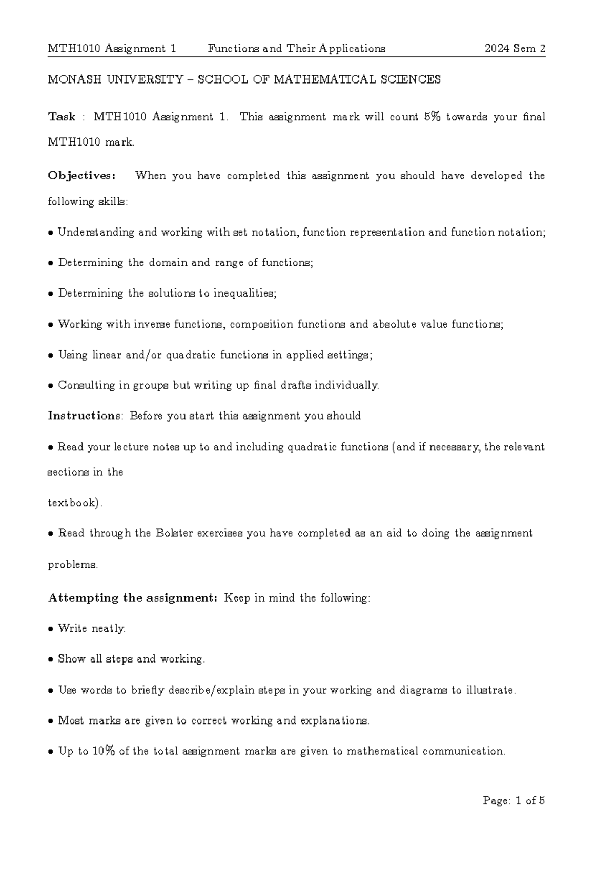A1 S2 2024 - Assignment - MTH1010 Assignment 1 Functions and Their Applications 2024 Sem 2 ...