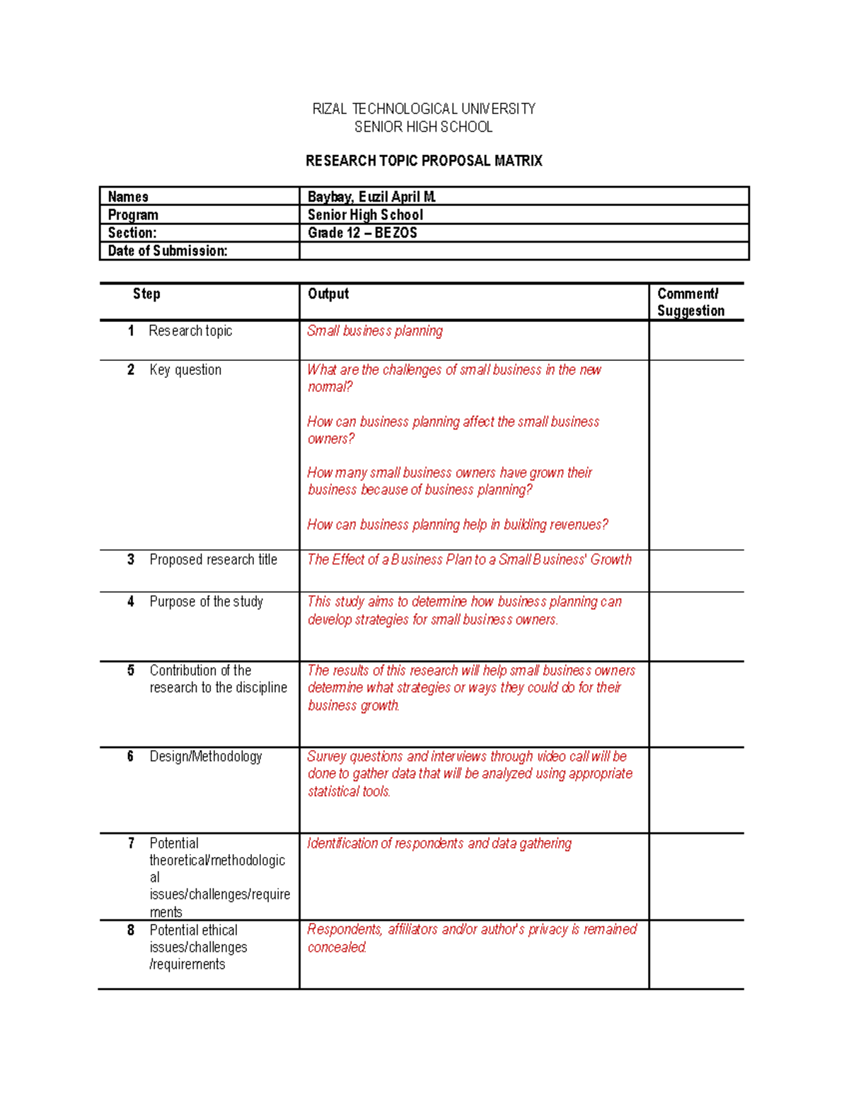 Baybay Research Topic Proposal Matrix - Business - Studocu