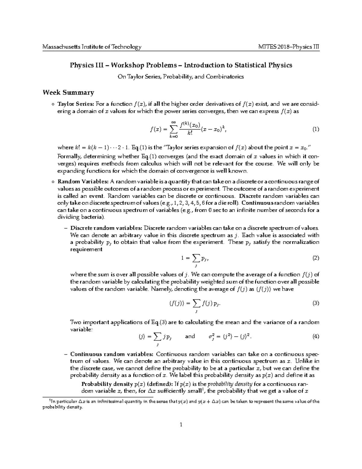 Taylor Series, Probability, and Combinatorics - Eq.(1) is the ”Taylor series expansion of f (x ...