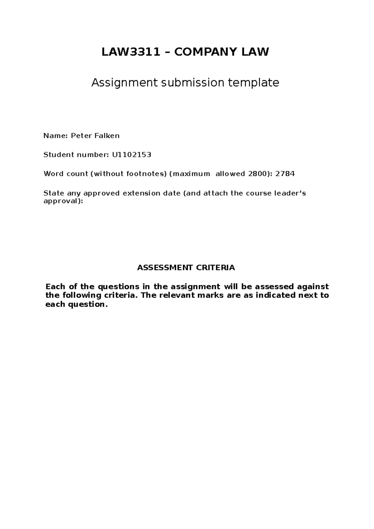 LAW3311 Company LAW Assessment 2 - LAW3311 – COMPANY LAW Assignment ...