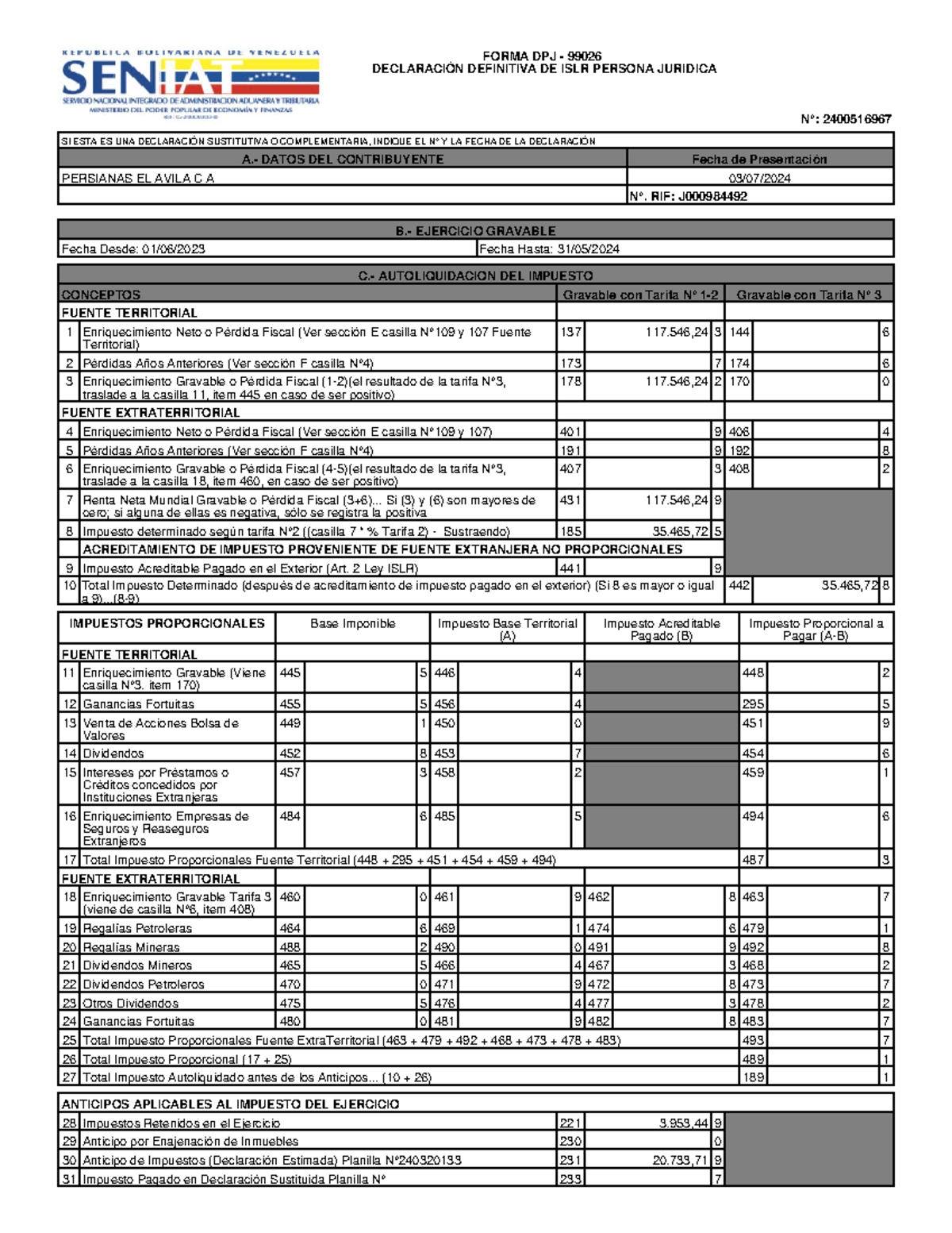 Planilla DECL DEF Rentas 2023 2024 - FORMA DPJ - 99026 DECLARACIÓN DEFINITIVA DE ISLR PERSONA ...