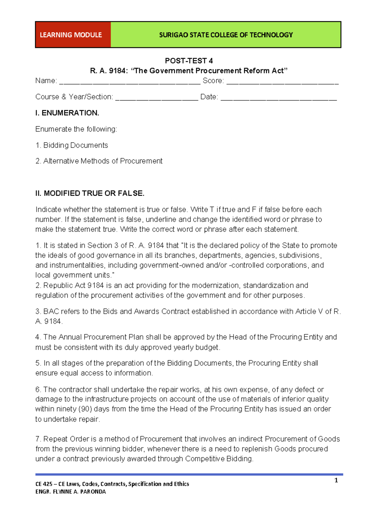 CE 425 - POST-TEST 4 - Assume - CE 425 – CE Laws, Codes, Contracts ...