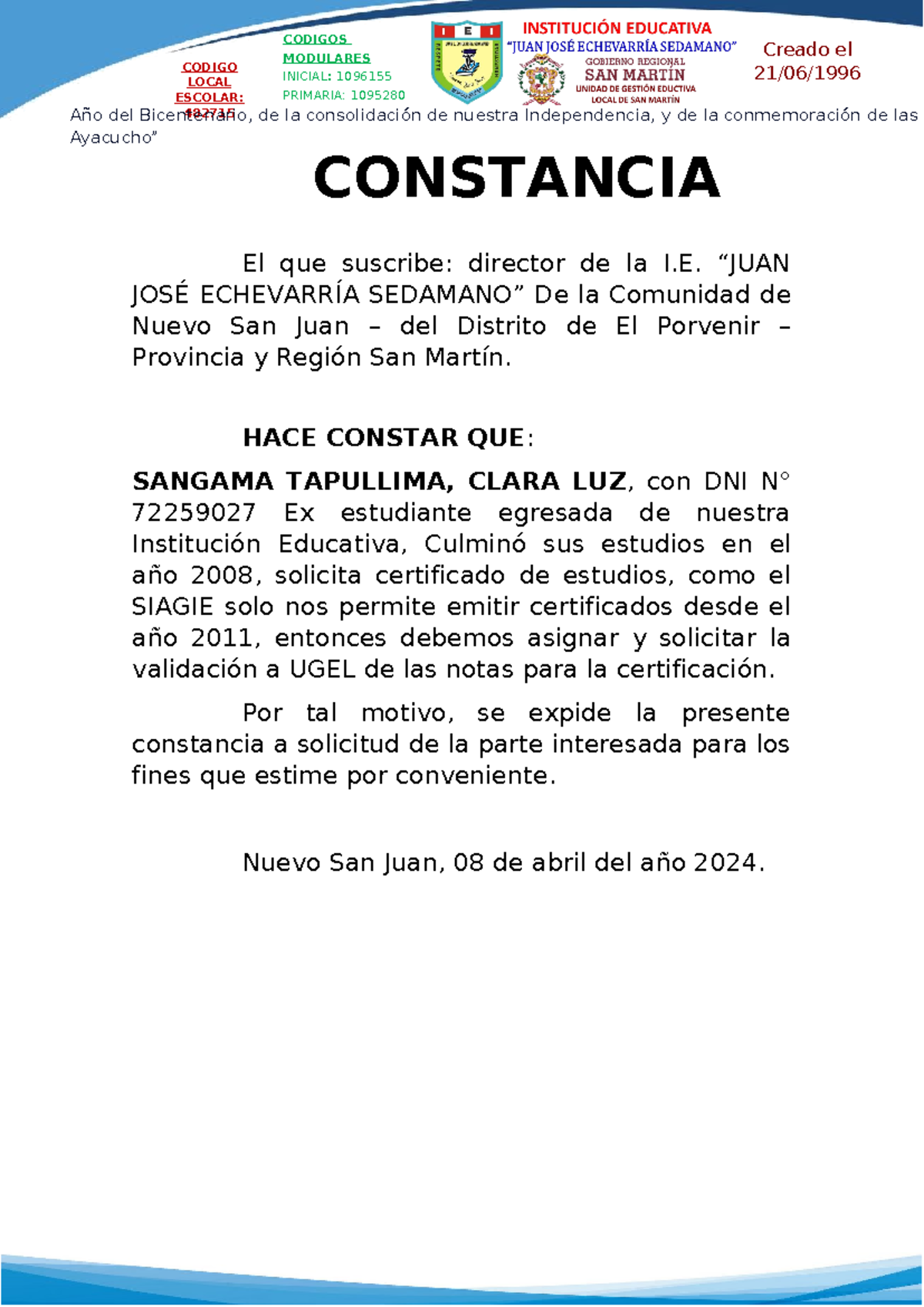 Constancia - COMUNICACIÓN - CODIGOS MODULARES INICIAL: 1096155 PRIMARIA ...