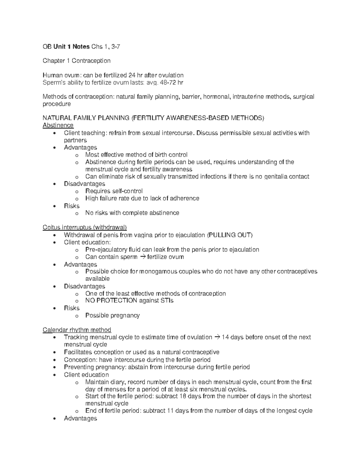 OB unit 1 notes - OB Unit 1 Notes Chs 1, 3- Chapter 1 Contraception ...