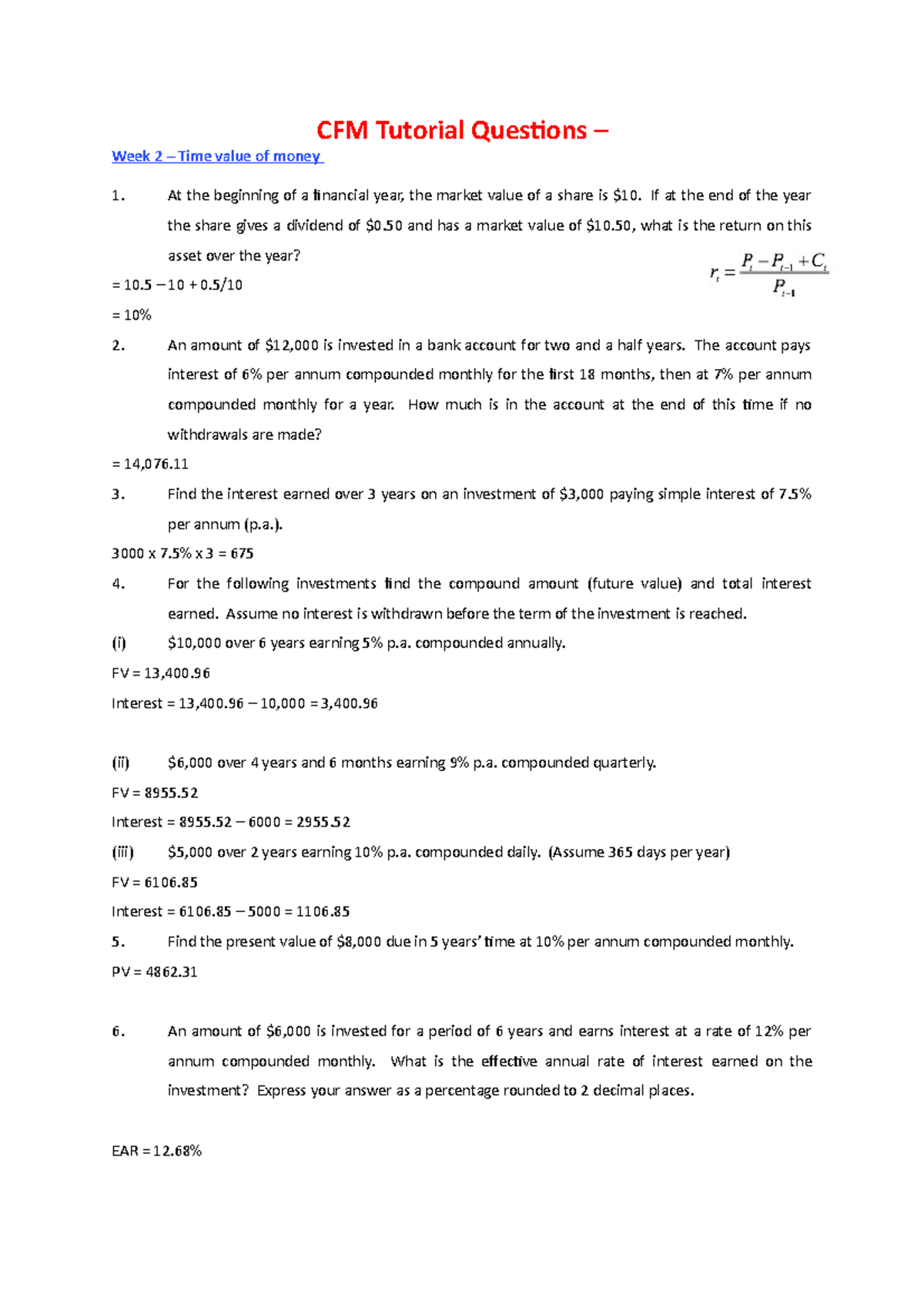 CFM Tut Q's - Tut questions - CFM Tutorial Questions – Week 2 – Time ...