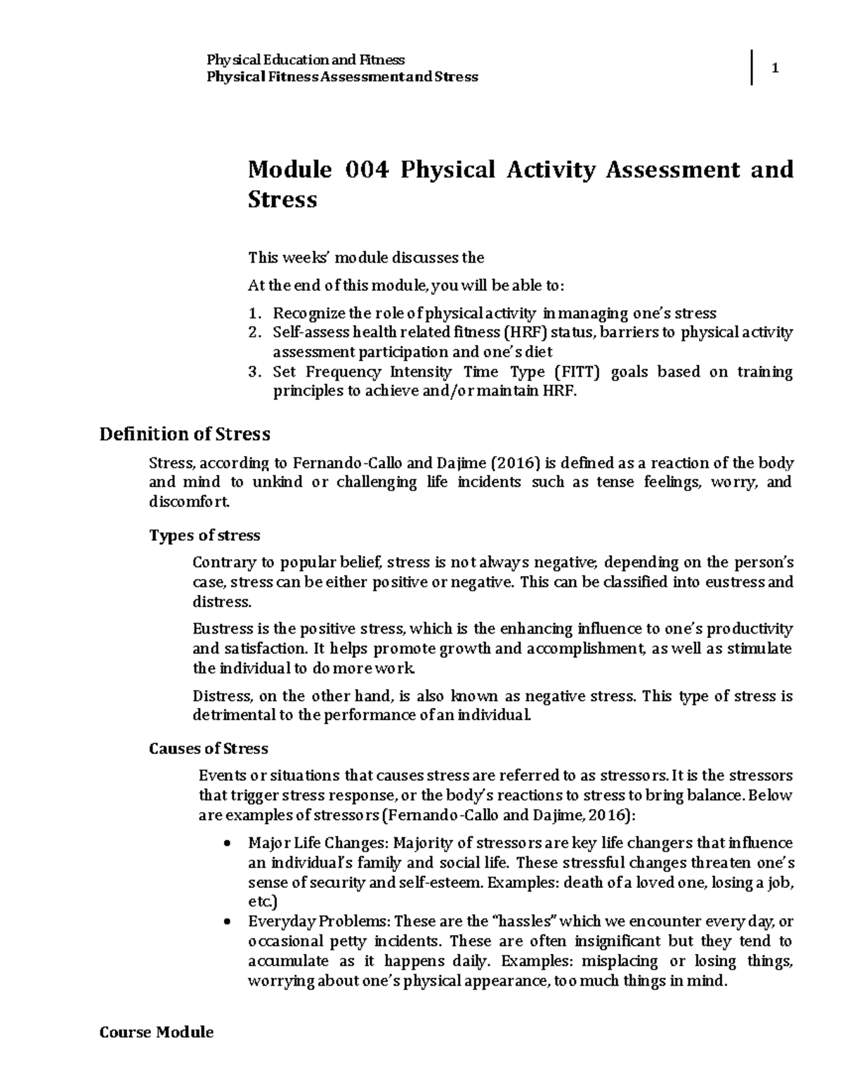 Week 004-Module physical Activity Assessment and Stress - Physical ...