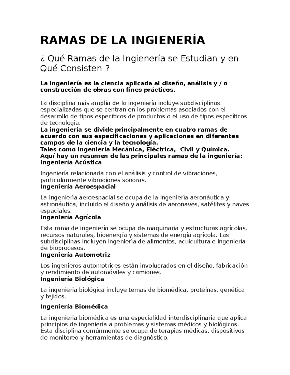 Ramas de la Ingienería Conclusiones clave sobre las ramas mas ...