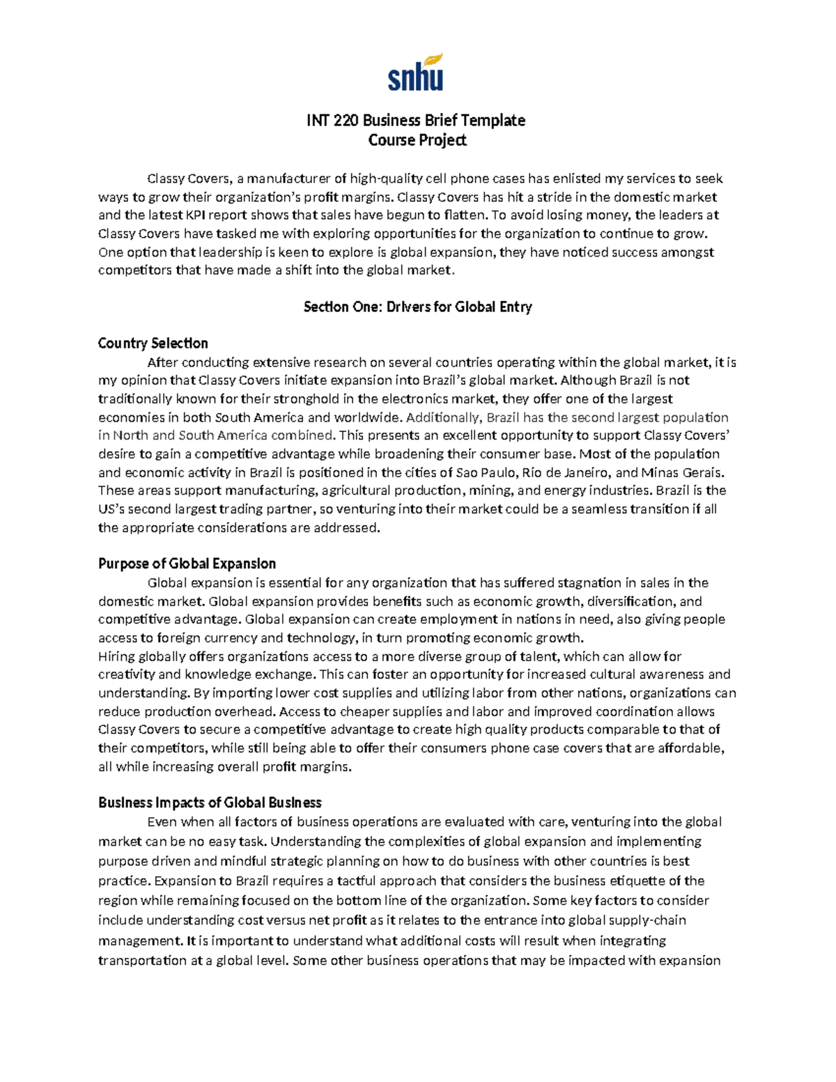 2-1 Milestone One- INT 220 Business Brief - INT 220 Business Brief ...