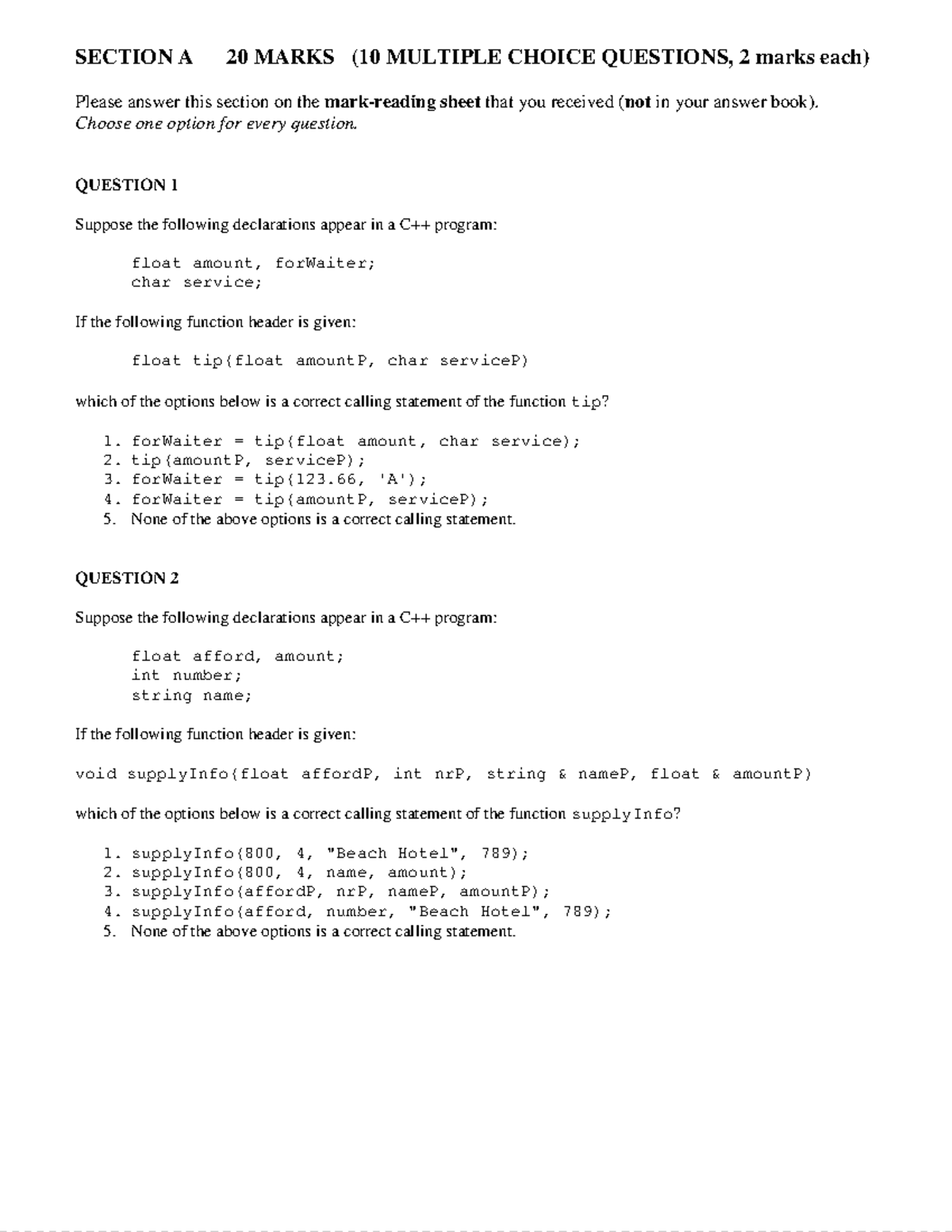 Exam, questions and answers - SECTION A 20 MARKS (10 MULTIPLE CHOICE ...