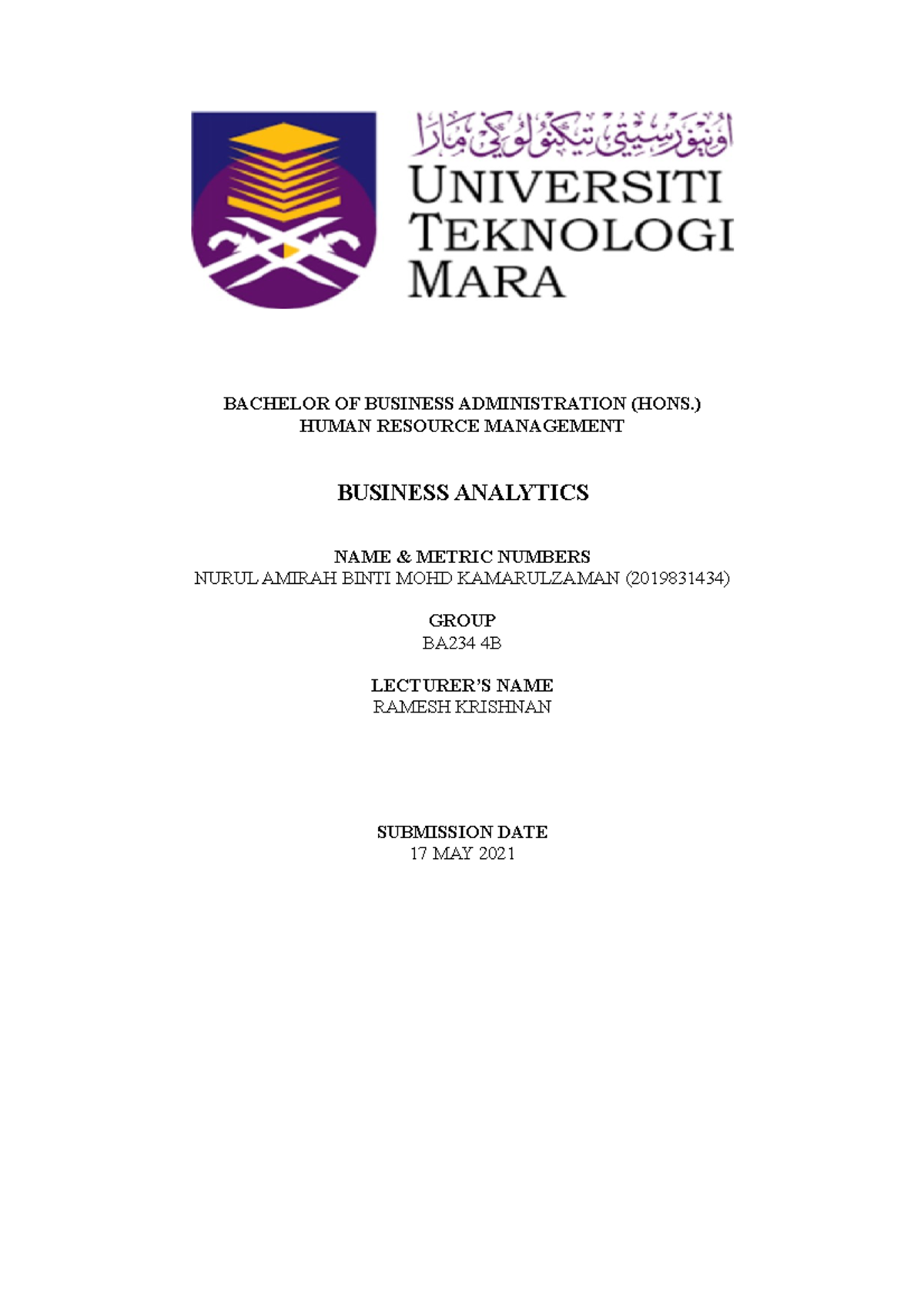 MGT555 Business Analytics - Assignment 1 - BACHELOR OF BUSINESS ...