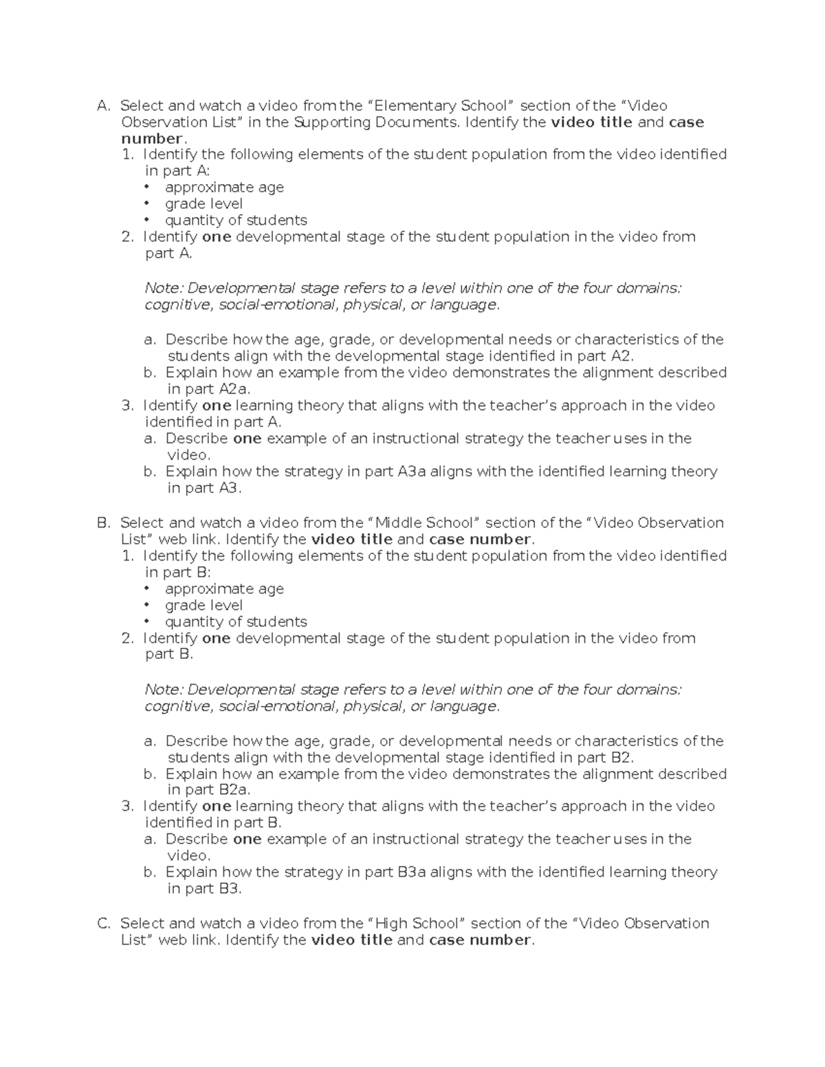 Video Observations - A. Select and watch a video from the “Elementary ...