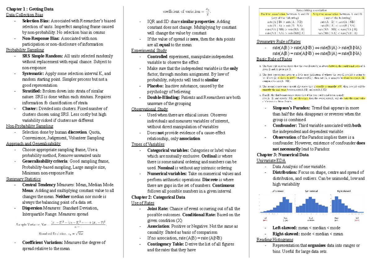 GEA1000N Cheatsheet - Chapter 1 : Getting Data Data Collection Bias - Selection Bias: Associated ...
