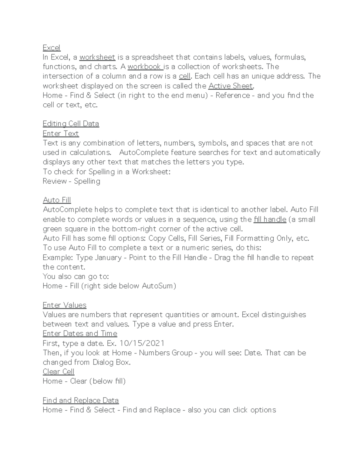 IT-150 Class 10 Lecture Notes - Excel In Excel, a worksheet is a ...