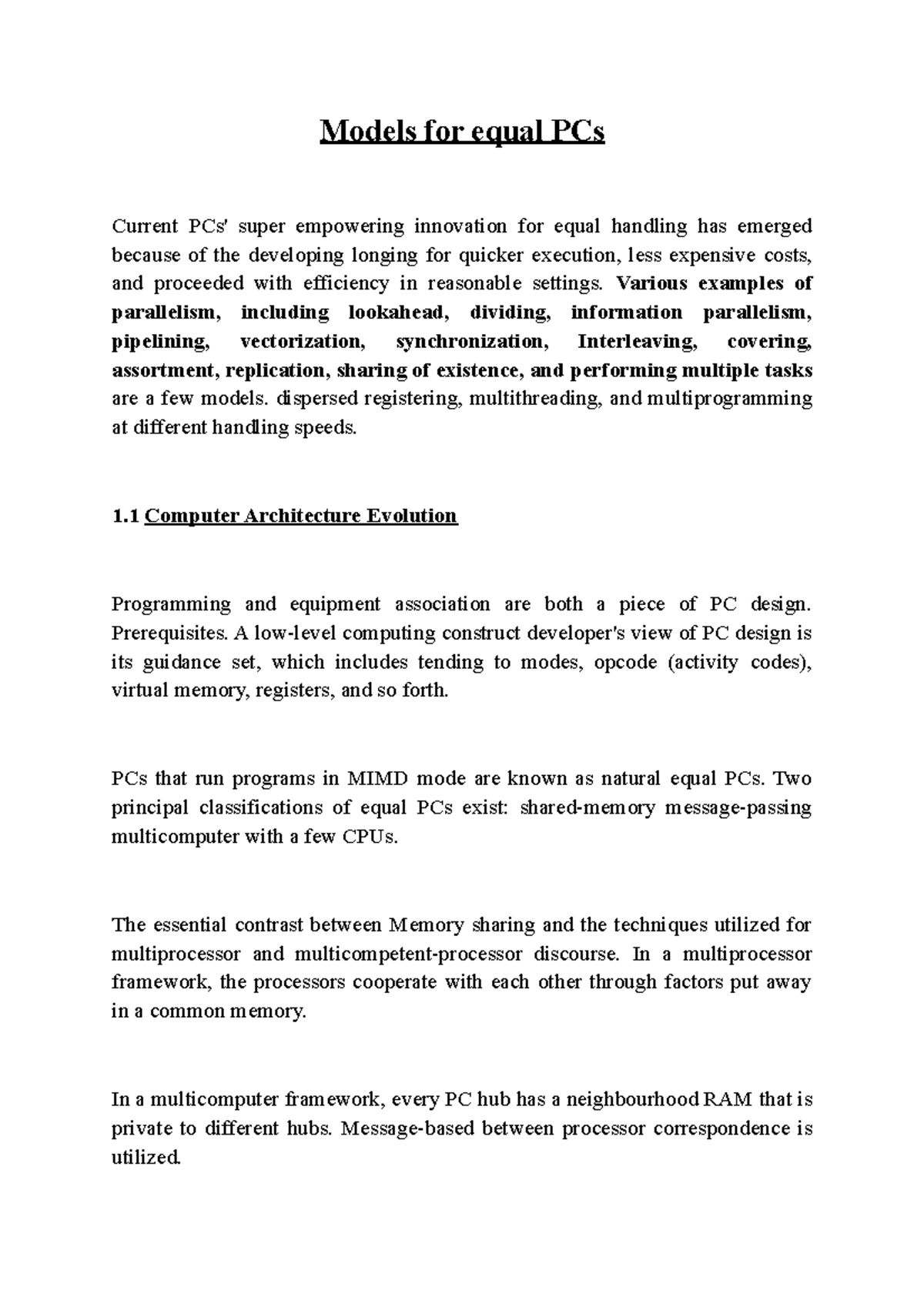 Models for parallel computers - Models for equal PCs Current PCs' super ...
