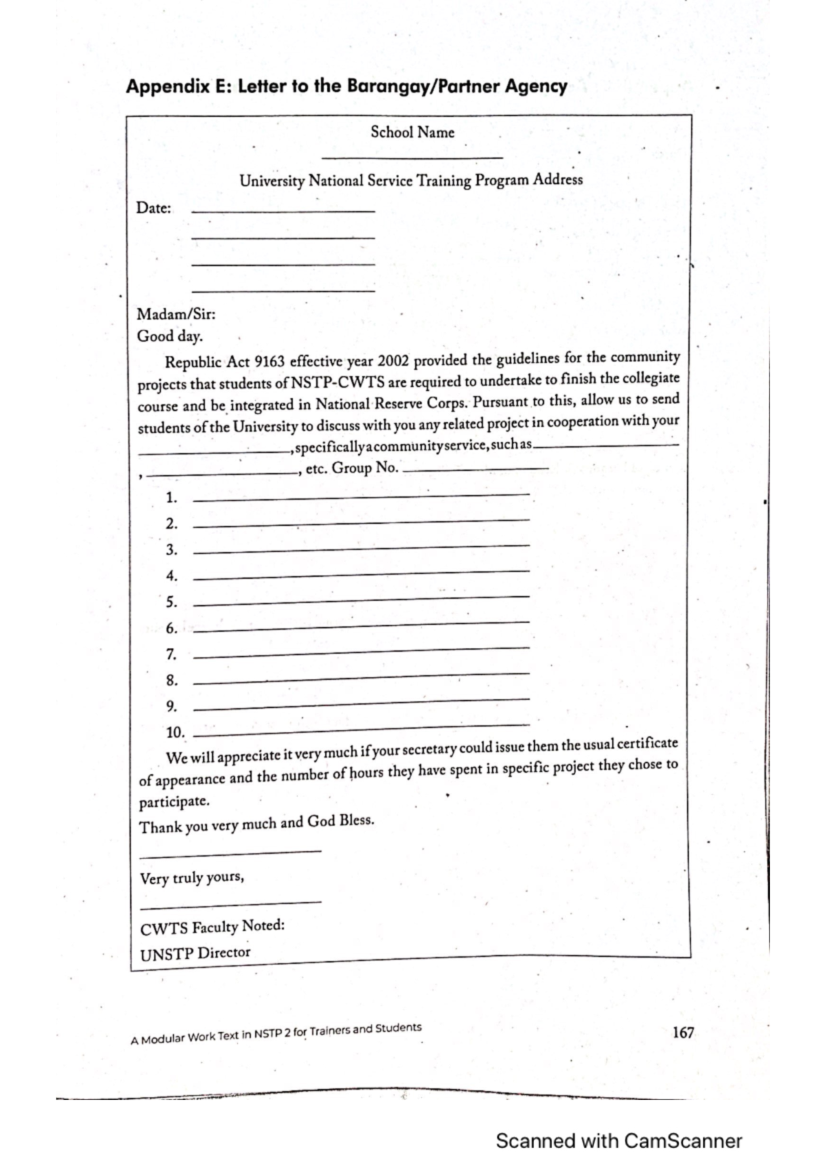 Sample Letter TO THE Barangay OR Partner - National Service Training ...