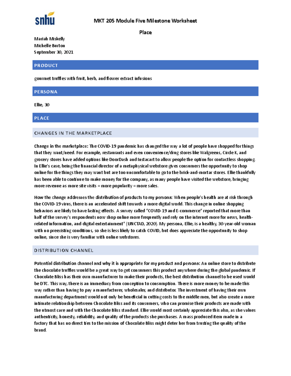 MKT 205 Milestone; Place - MKT 205 Module Five Milestone Worksheet ...
