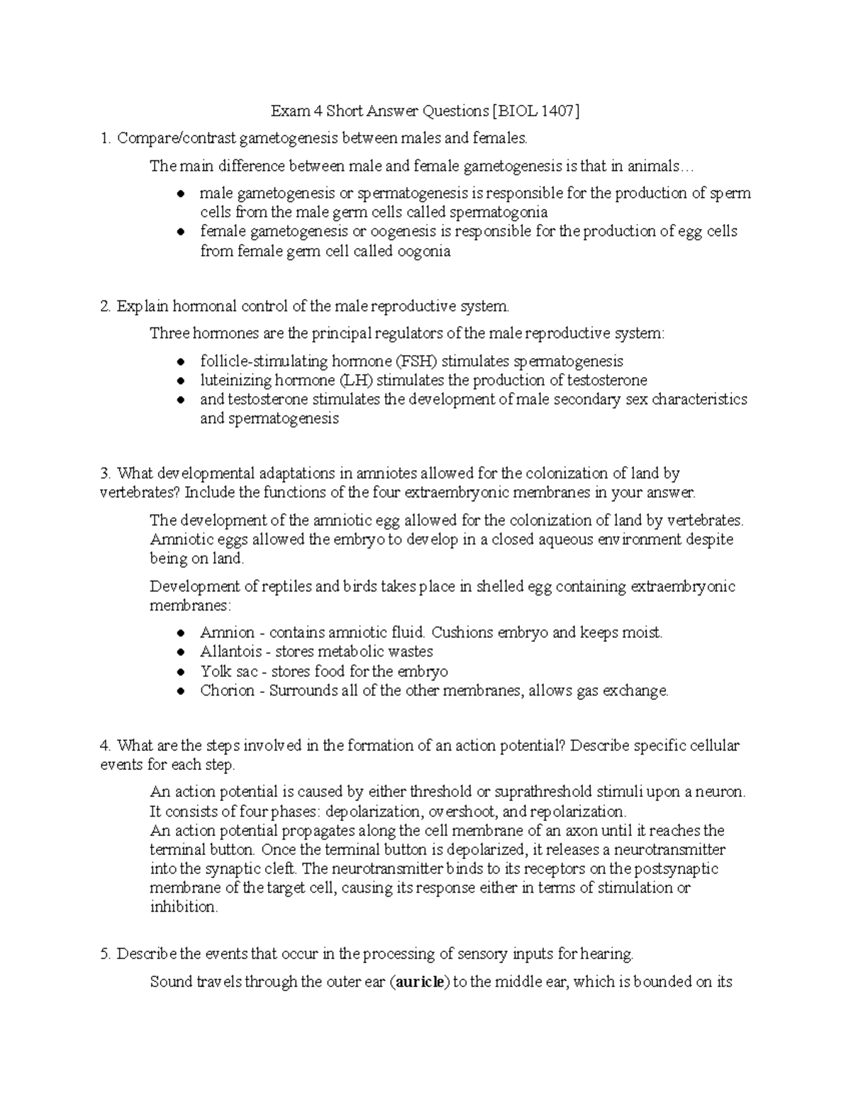 Exam 4 Short Answer Questions [ BIOL 1407 ] - Exam 4 Short Answer ...