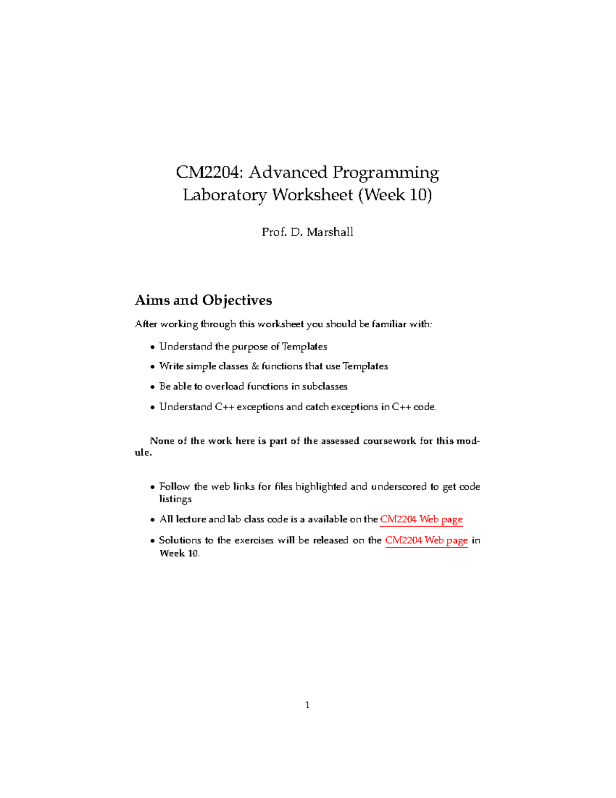 CM2204 Week 10 Lab - CM2204: Advanced Programming Laboratory Worksheet (Week 10) Prof. D ...