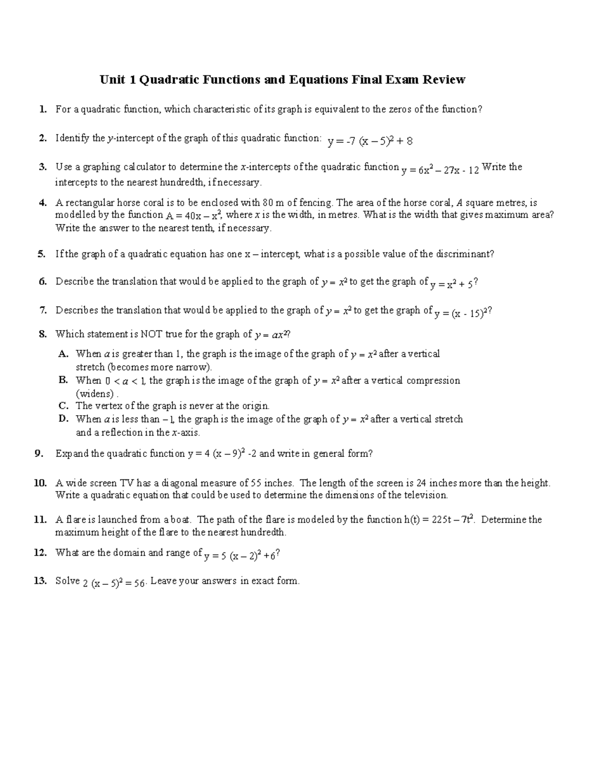 1-Ch - fill in the blank notes - Unit 1 Quadratic Functions and ...