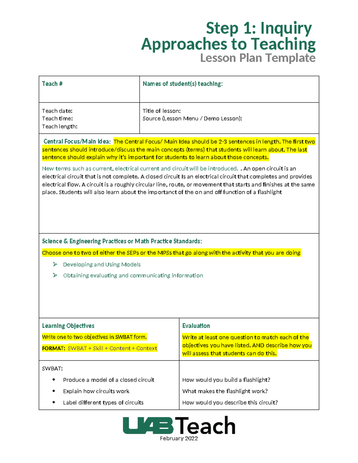 EHS 125 Lesson Plan Template final 1 - Step 1: Inquiry Approaches to ...