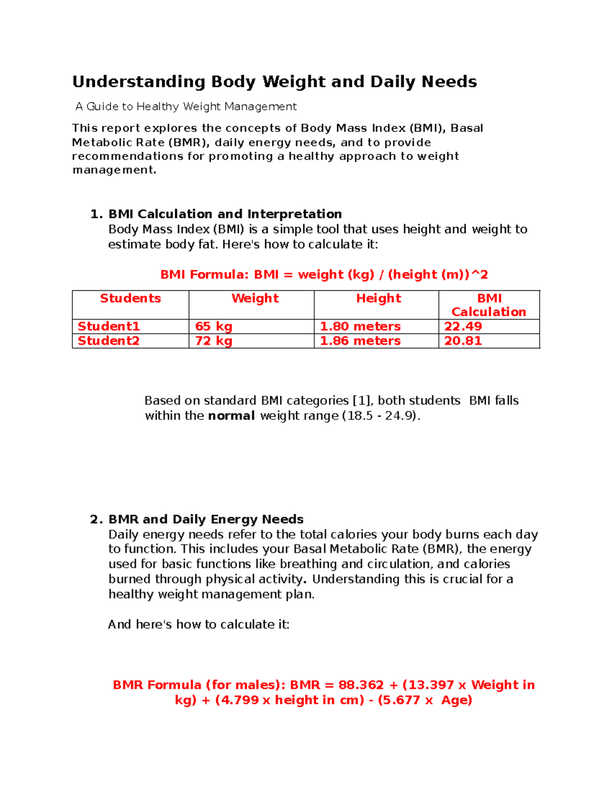 Assignment 1 PHED - Understanding Body Weight and Daily Needs A Guide ...