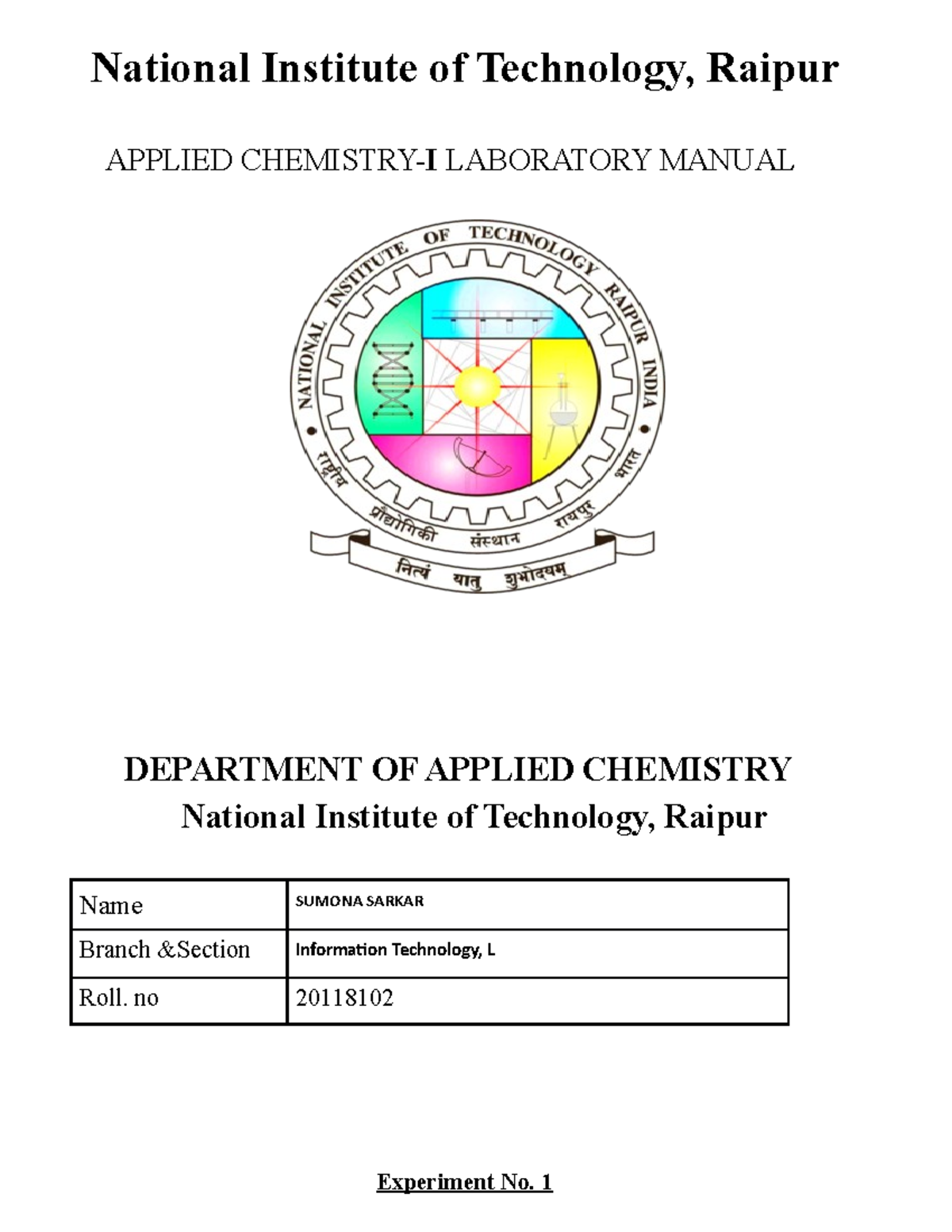 Chemistry lab report 2011 8102 Sumona Sarkar - National Institute of ...
