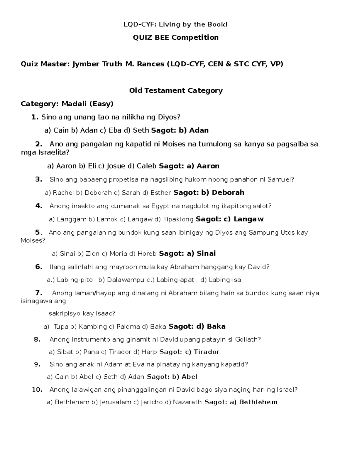 QUIZ BEE Competition - Let us learn bible more - LQD-CYF: Living by the ...