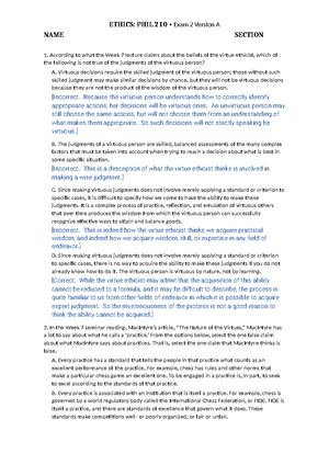 Exam 2B feedback - ETHICS: PHIL 210 • Exam 2 Version B NAME SECTION According to Kraut, what is ...
