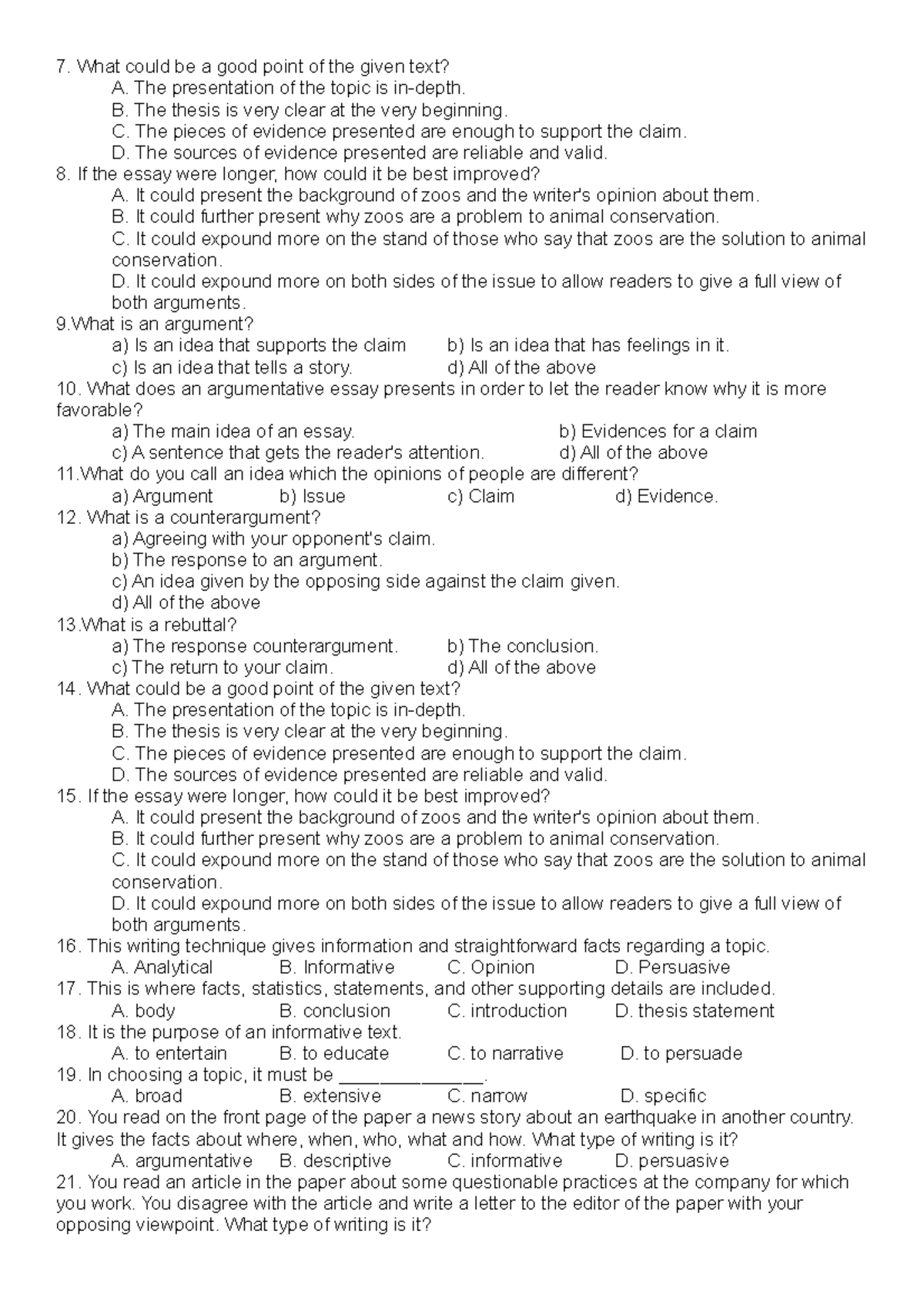 Exam english 10 - Notes - What could be a good point of the given text ...