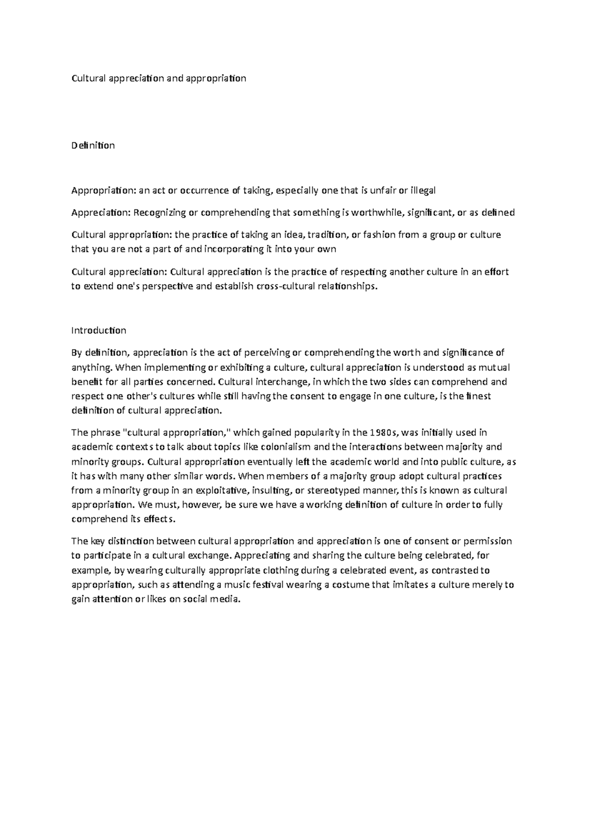 Cultural appreciation and appropriation - Cultural appreciation and ...