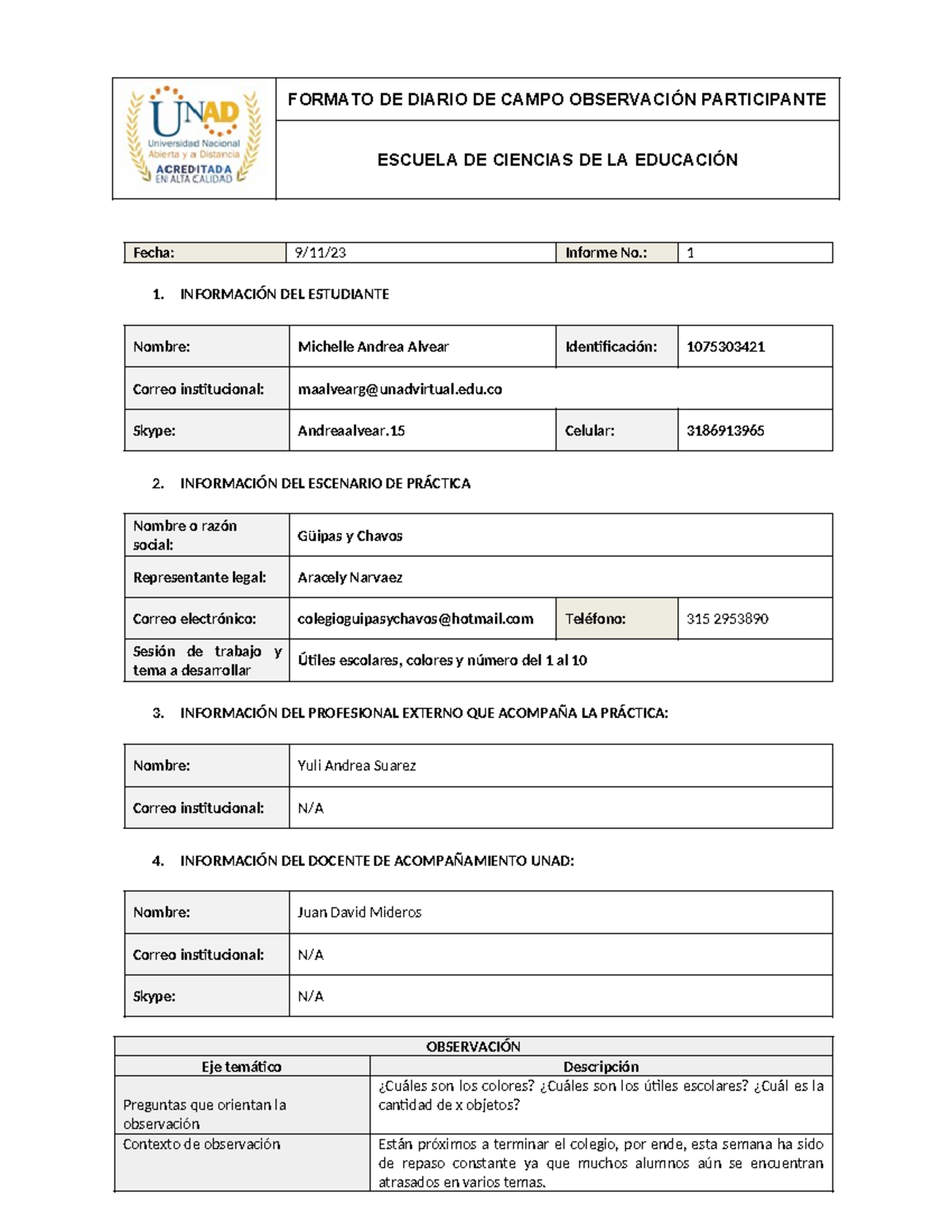 Diario DE Campo - Michelle Andrea Alvear - 1075303421 - 1 - FORMATO DE ...