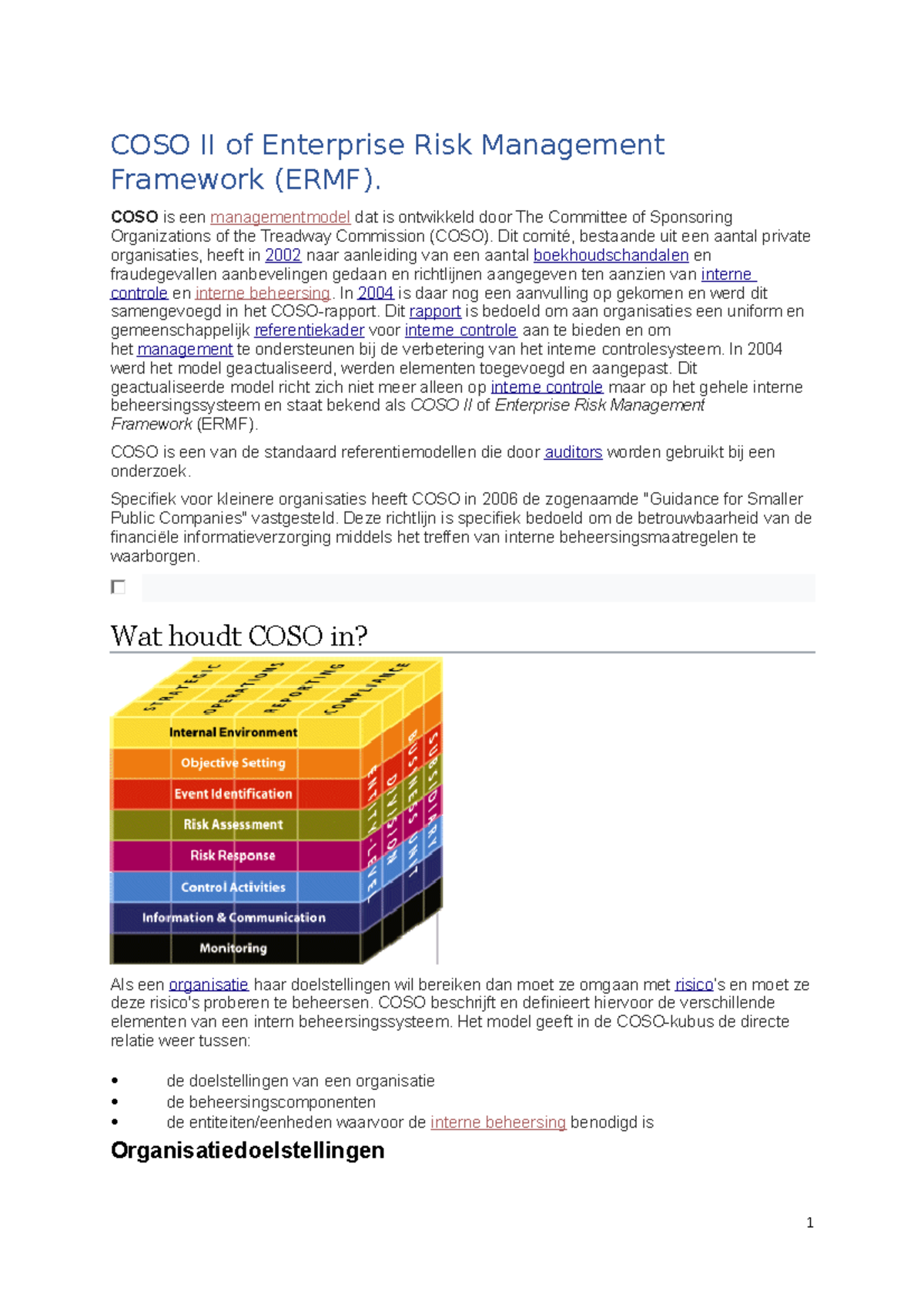 COSO - samenvatting COSO plus voorbeelden - COSO II of Enterprise Risk ...