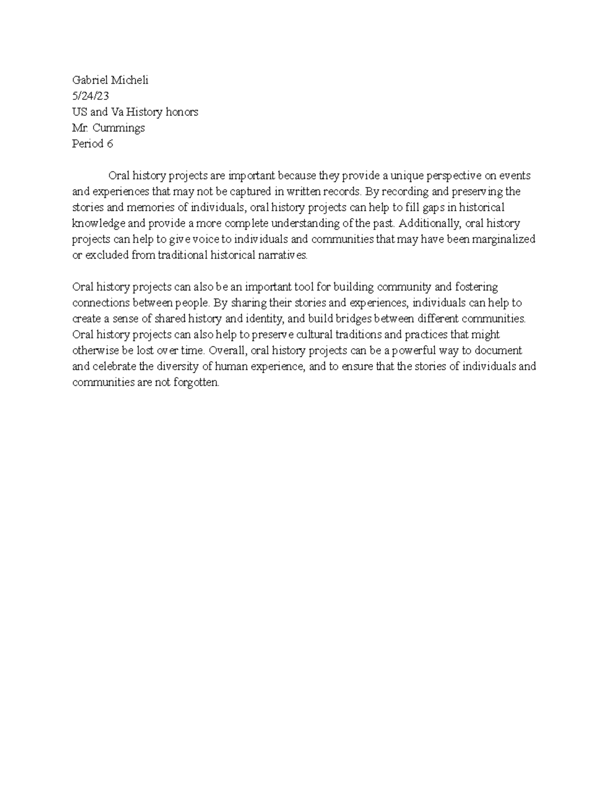 Reflection on Oral History Project - Gabriel Micheli 5/24/ US and Va ...