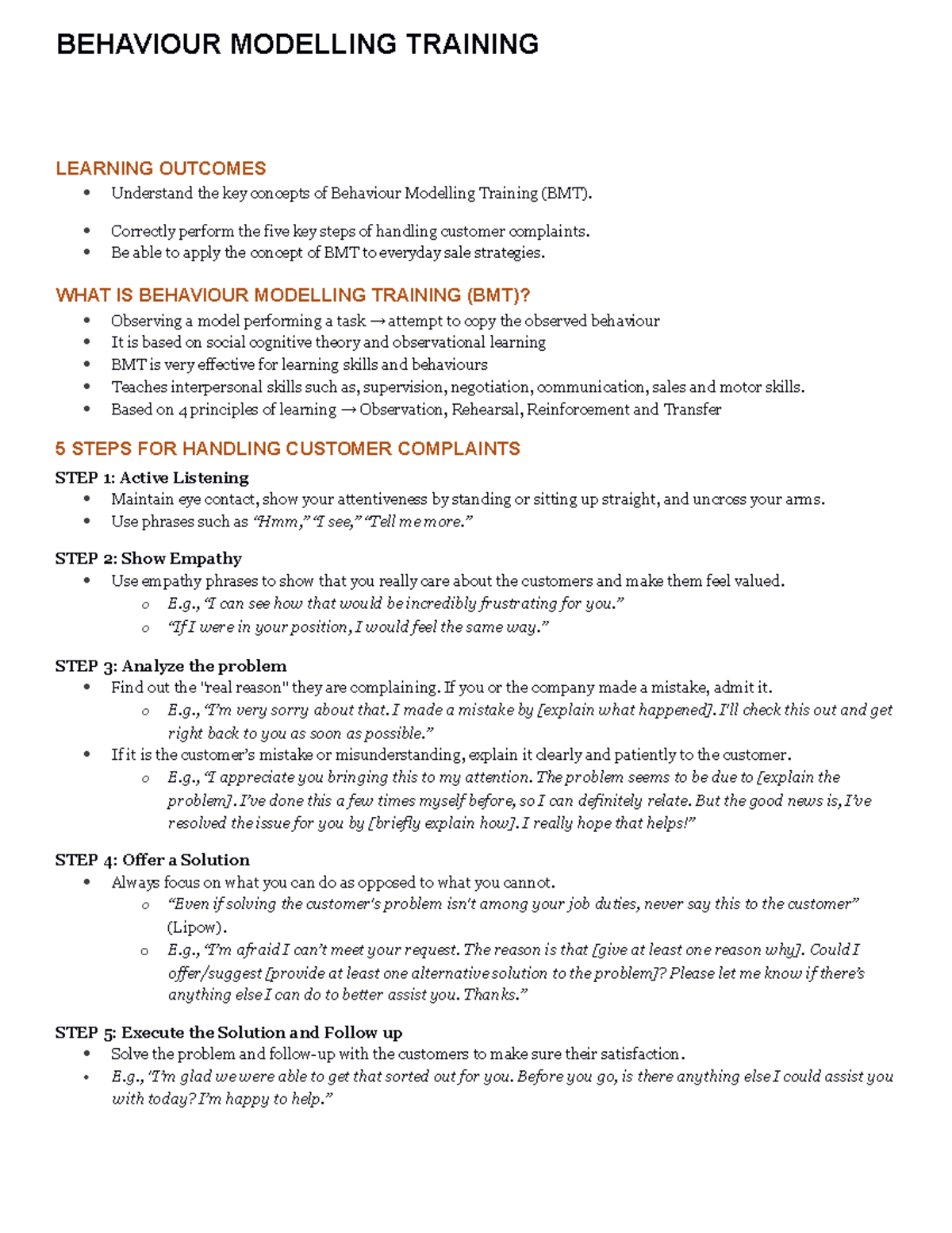 Behaviour modelling Handout - BEHAVIOUR MODELLING TRAINING LEARNING ...