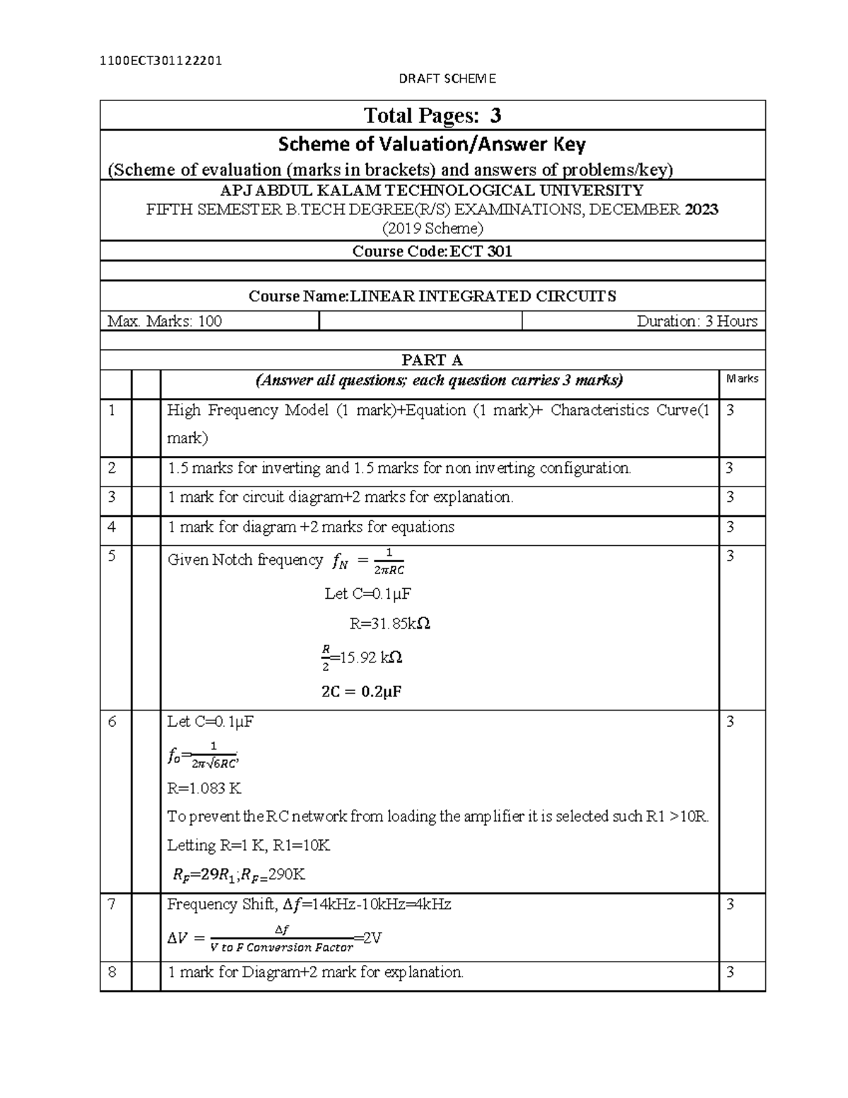 ECT301- Draft Scheme - Good - 1100ECT DRAFT SCHEME Total Pages: 3 Scheme of Valuation/Answer Key ...