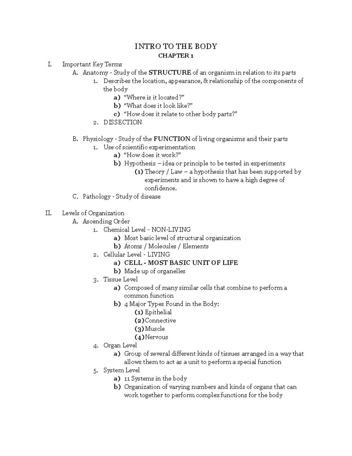 CH 1 Intro TO THE BODY - INTRO TO THE BODY CHAPTER 1 I. Important Key ...