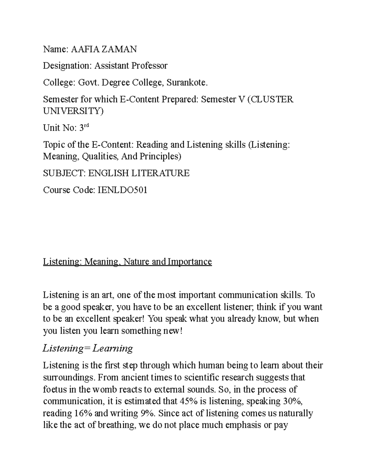 English SEM 5 - For research - Name: AAFIA ZAMAN Designation: Assistant ...