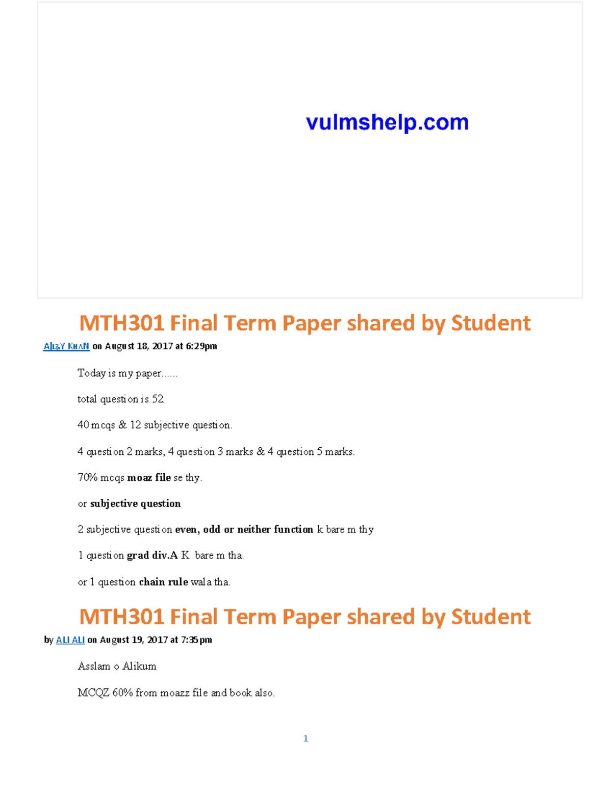 MTH301-Final Term-2017-shared Papers - Rana Abubakar Khan If you want to learn computer ...