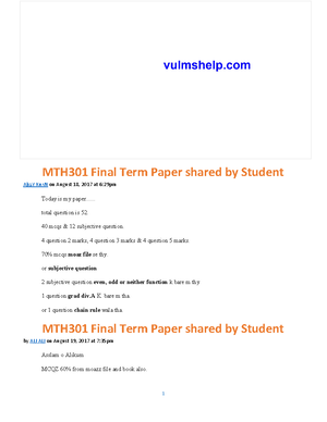 MTH301 Final TERM Solved MEGA FILE - MTH301 FINAL TERM SOLVED PAPER BY FARHAN (VISIT VURANK FOR ...