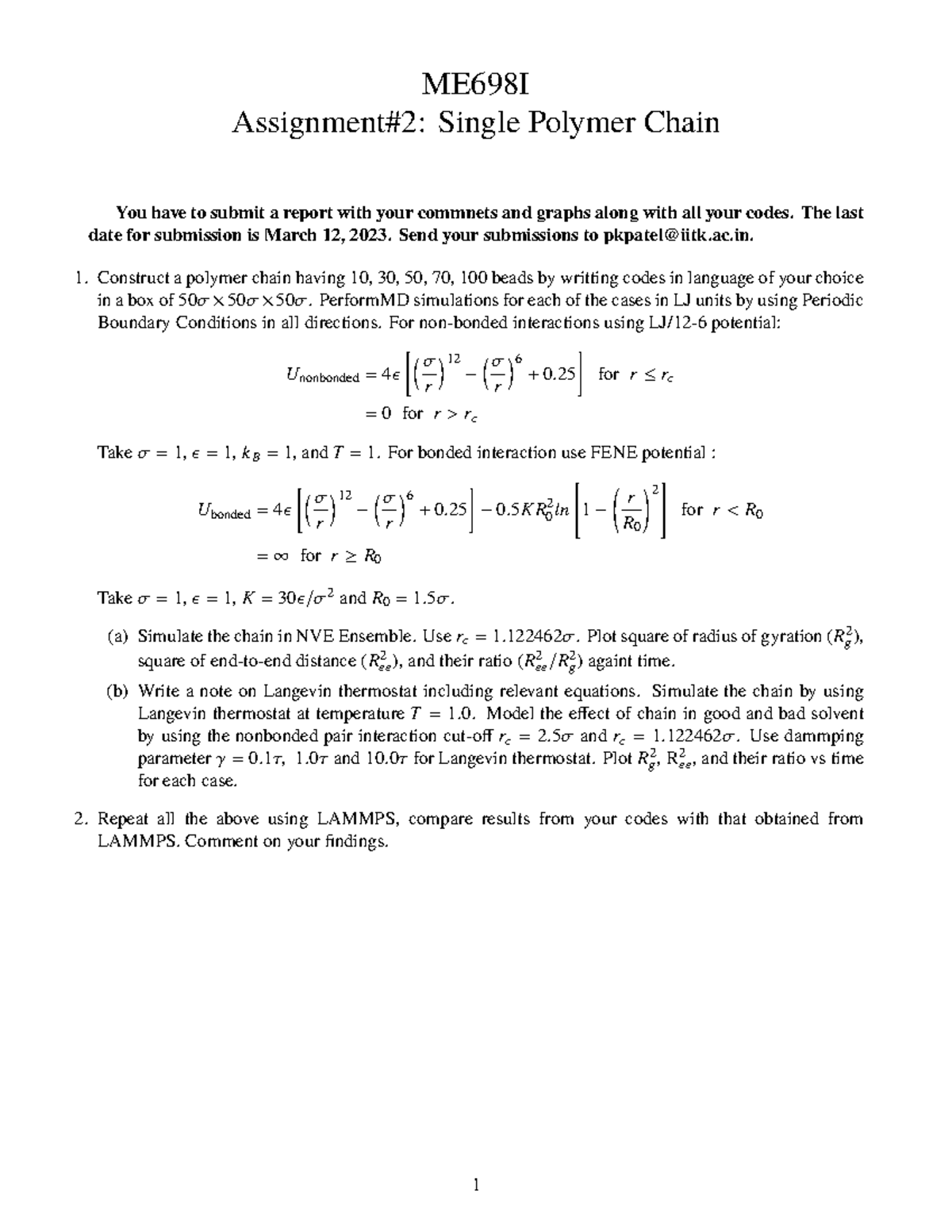 Assignment#2 - assignment to write codes in lammps - ME698I Assignment#2: Single Polymer Chain ...