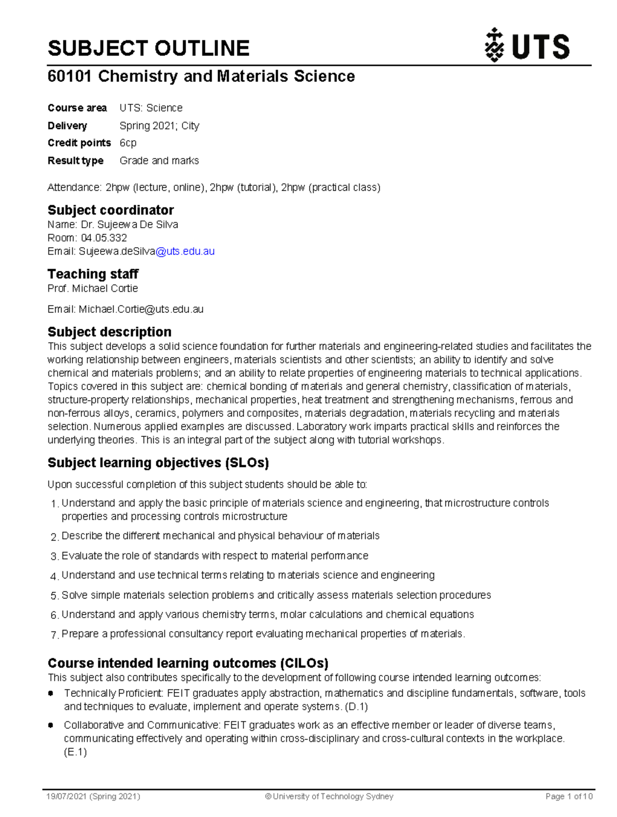 Subject Outline C&MS for 2021 spring - SUBJECT OUTLINE 60101 Chemistry ...