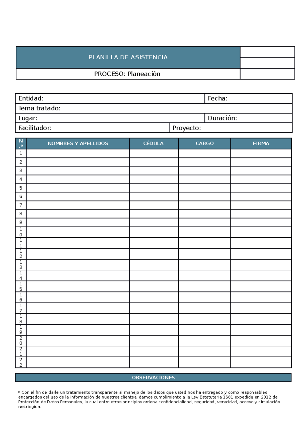 PL-FO-0046 Planilla de asistencia - PLANILLA DE ASISTENCIA PROCESO ...