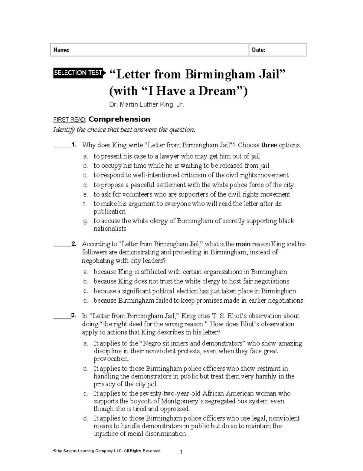 Lit17 EV G09 U3 AWC ST KIN2 TEST - Name: Date: “Letter from Birmingham ...