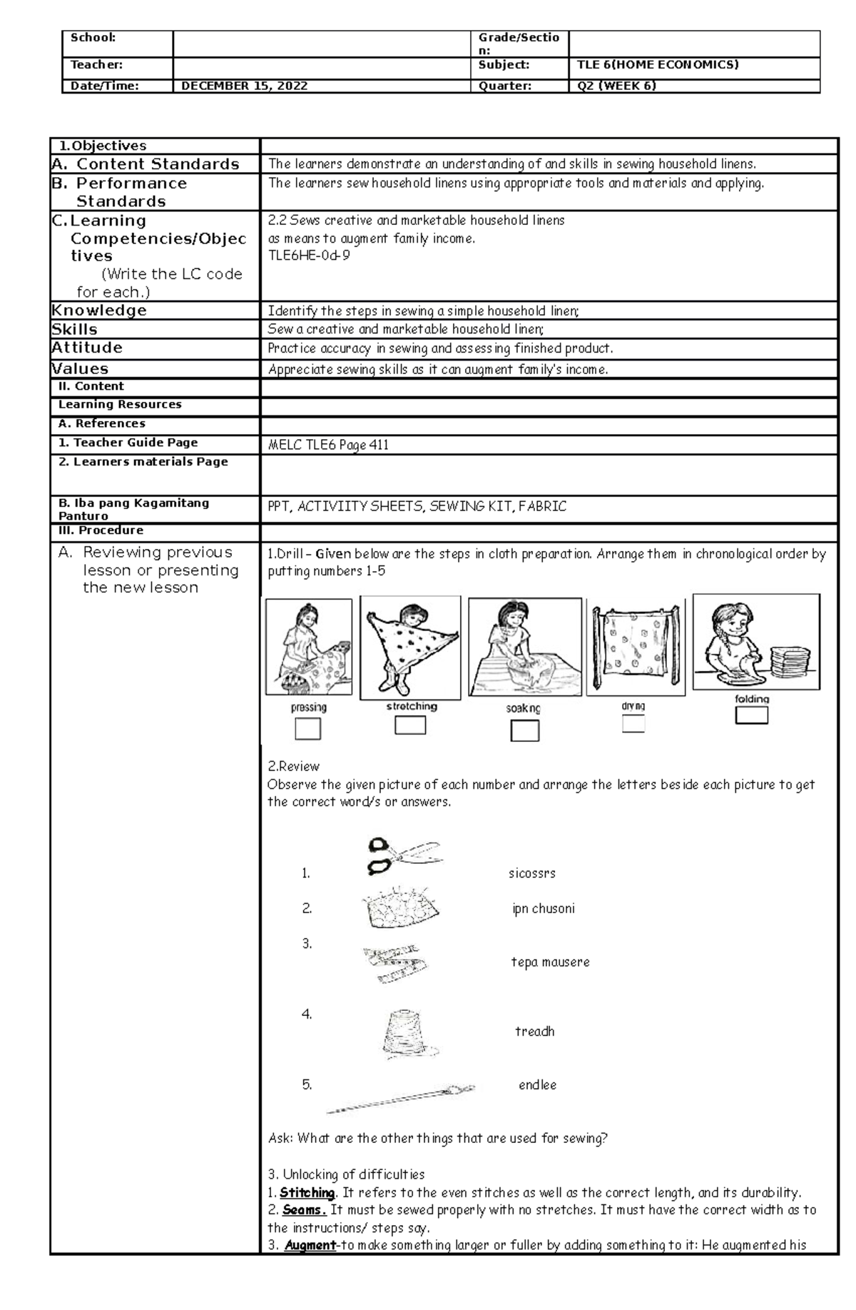 Home Economics 5 week 6 - School: Grade/Sectio n: Teacher: Subject: TLE ...