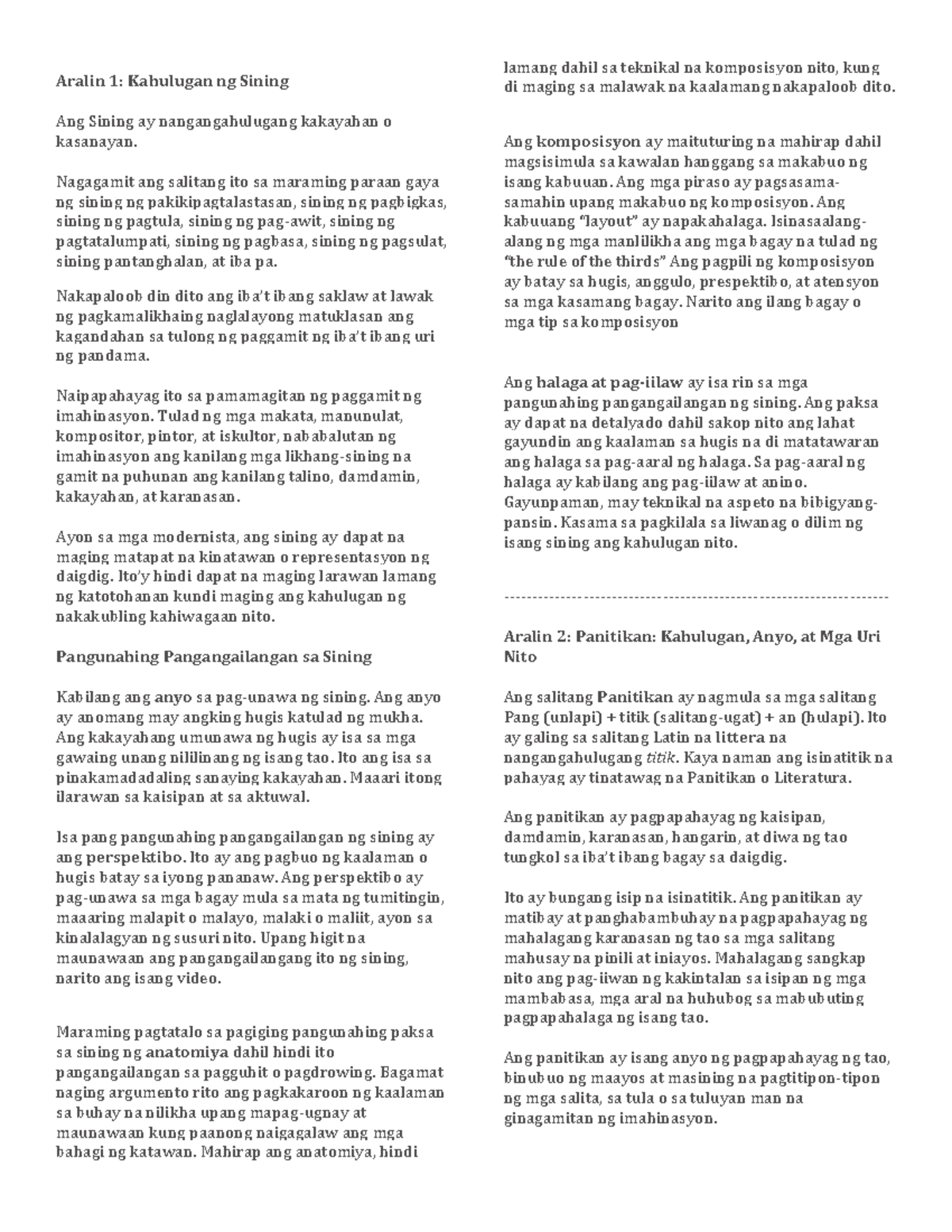 Malikhain Midterms - Aralin 1: Kahulugan ng Sining Ang Sining ay ...