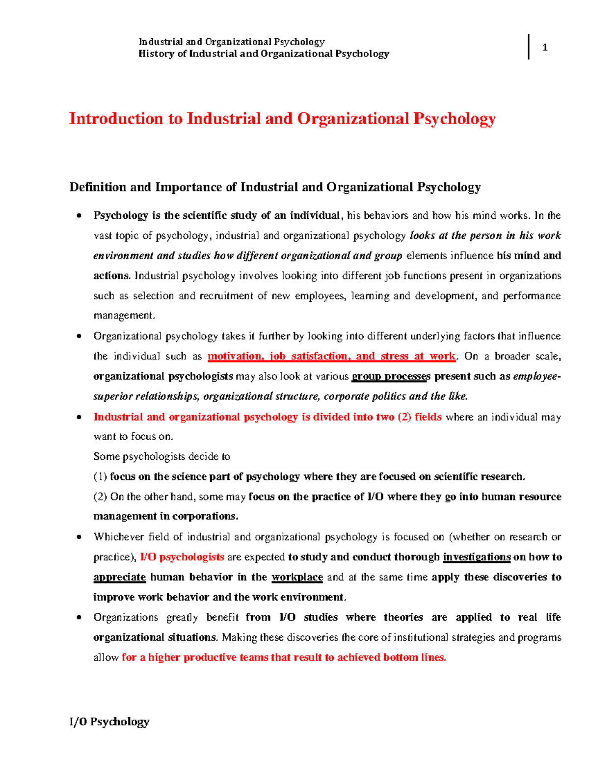 IO Lesson 1 Introduction to Industrial and Organizational Psychology ...