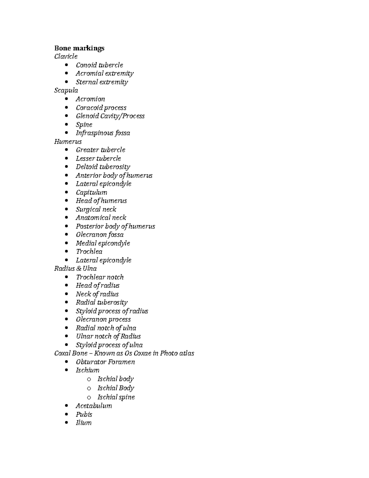 Bone checklist 2 - Study Guide - Bone markings Clavicle Conoid tubercle Acromial extremity - Studocu