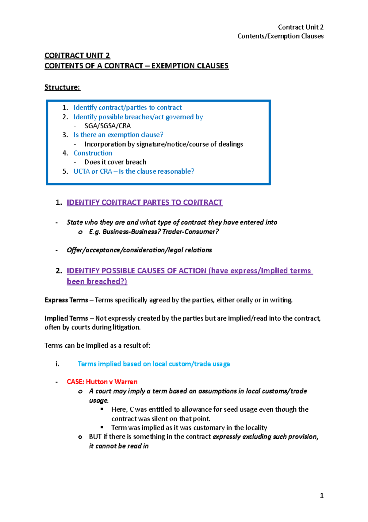 Contract 2 Exemption Clauses Revision - Contents/Exemption Clauses ...